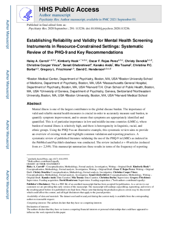 (PDF) Establishing reliability and validity for mental health screening instruments in resource ...