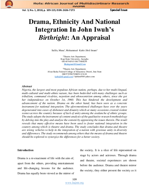 (PDF) Drama, Ethnicity And National Integration In John Iwuh'S ...