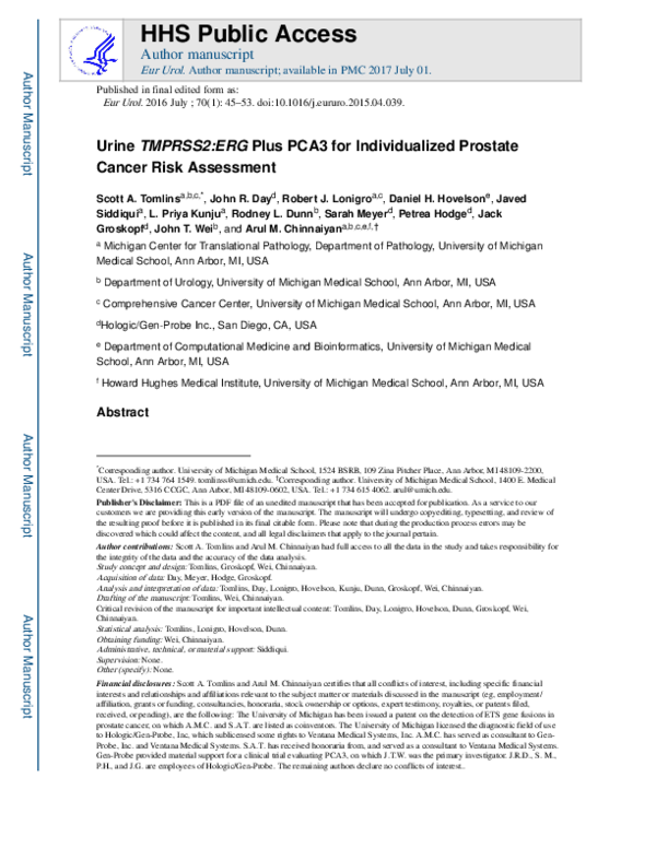 (PDF) Urine TMPRSS2:ERG Plus PCA3 for Individualized Prostate Cancer ...