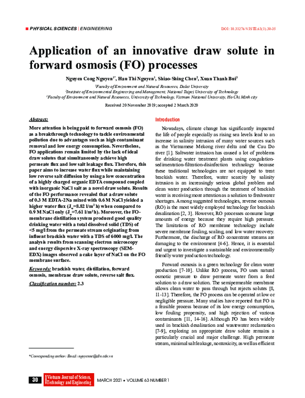 (PDF) Application of an innovative draw solute in forward osmosis (FO) processes