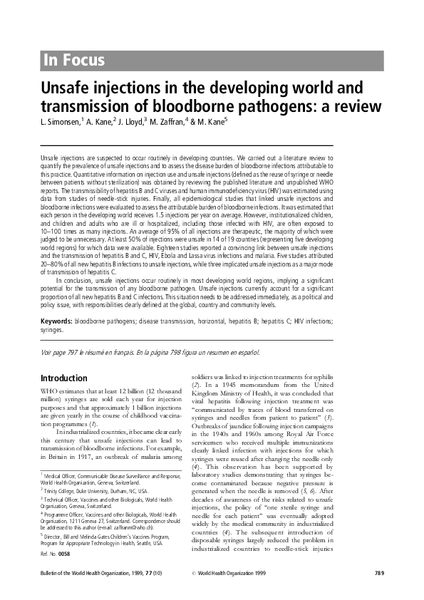 (PDF) Unsafe injections in the developing world and transmission of ...