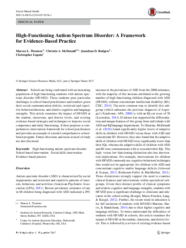 (PDF) High-Functioning Autism Spectrum Disorder: A Framework for ...