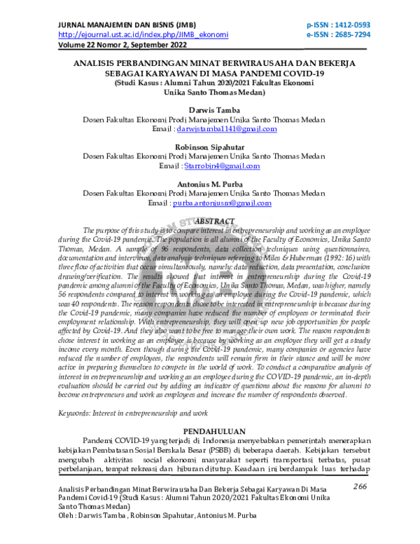 (PDF) Analisis Perbandingan Minat Berwirausaha Dan Bekerja Sebagai Karyawan DI Masa Pandemi COVID-19