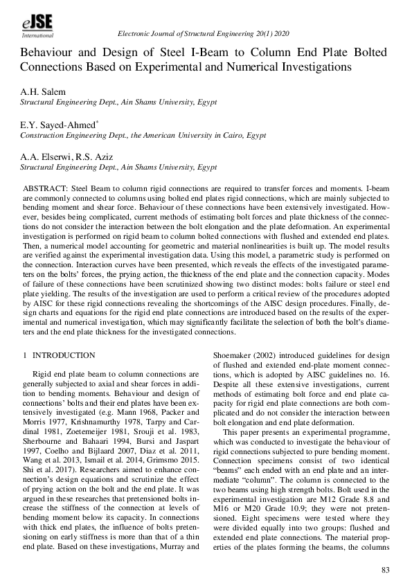 (PDF) Behaviour and Design of Steel I-Beam to Column End Plate Bolted ...