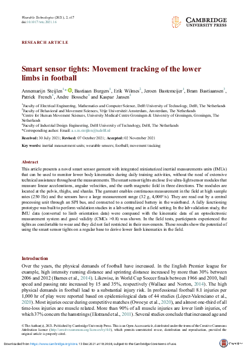 Pdf Smart Sensor Tights Movement Tracking Of The Lower Limbs In Football