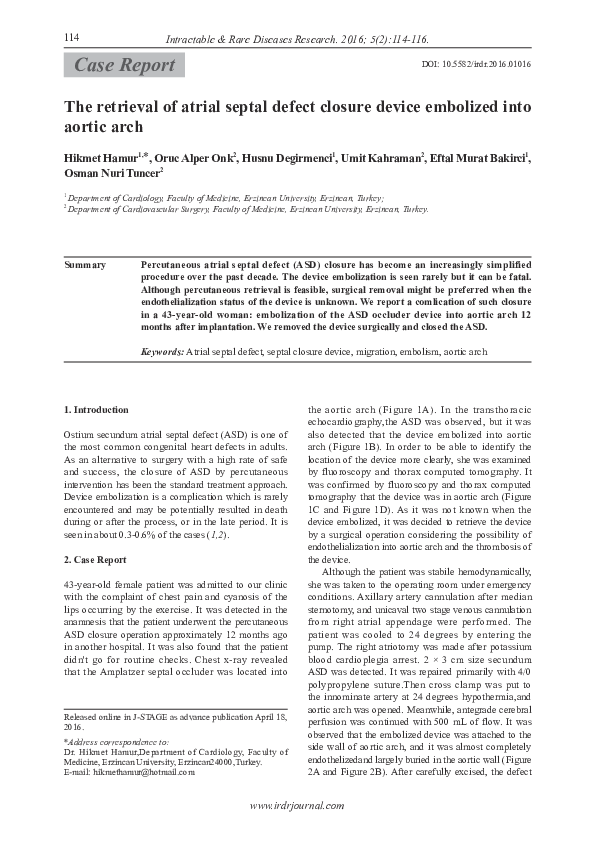 (PDF) The retrieval of atrial septal defect closure device embolized ...