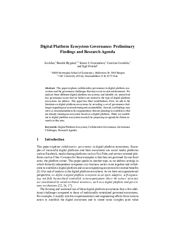 (PDF) Digital Platform Ecosystem Governance: Preliminary Findings and Research Agenda