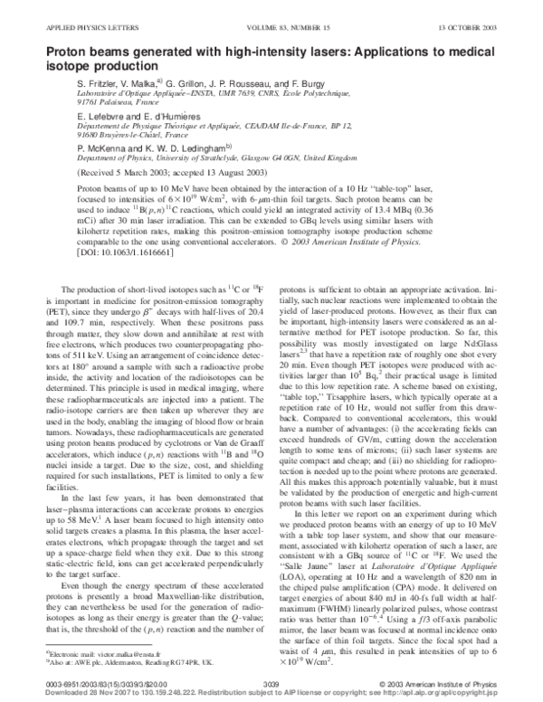 (PDF) Proton beams generated with high-intensity lasers: Applications ...