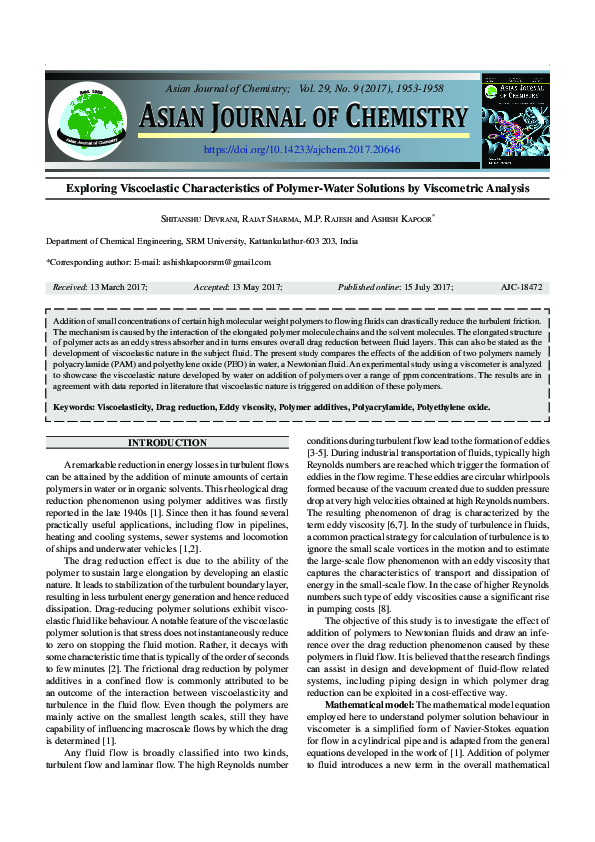(PDF) Exploring Viscoelastic Characteristics of Polymer-Water Solutions by Viscometric Analysis ...