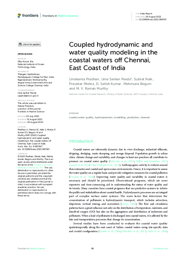 (PDF) Coupled hydrodynamic and water quality modeling in the coastal waters off Chennai, East ...
