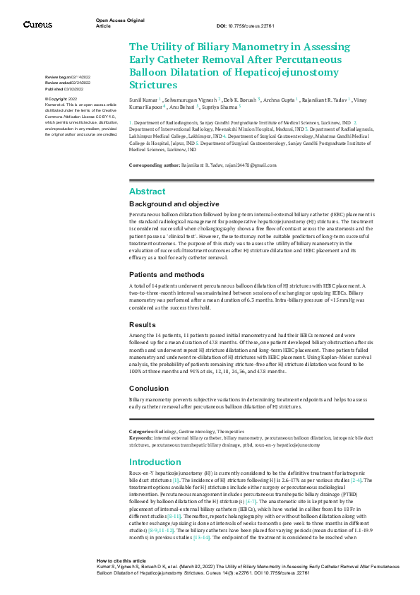 (PDF) The Utility of Biliary Manometry in Assessing Early Catheter ...