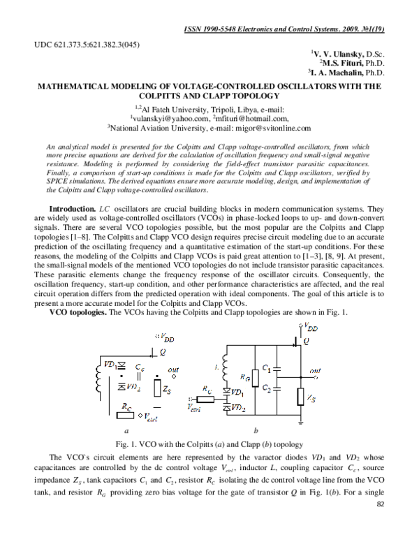 (PDF) MATHEMATICAL MODELING OF VOLTAGE-CONTROLLED OSCILLATORS WITH THE COLPITTS AND CLAPP TOPOLOGY