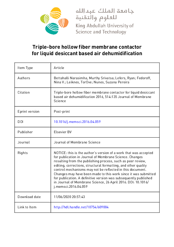 (PDF) Triple-bore hollow fiber membrane contactor for liquid desiccant ...