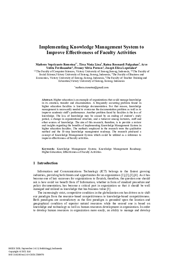 (PDF) Implementing Knowledge Management System to Improve Effectiveness of Faculty Activities