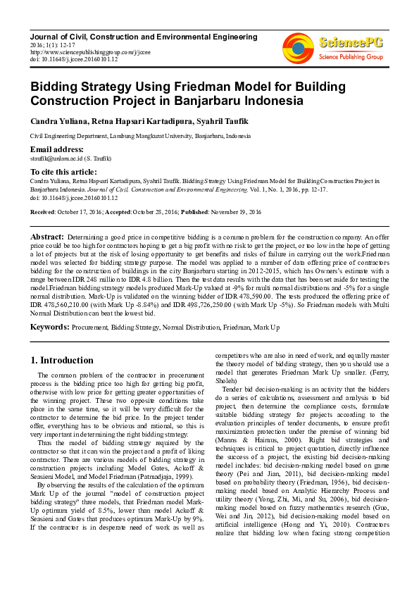 (PDF) Bidding Strategy Using Friedman Model for Building Construction ...