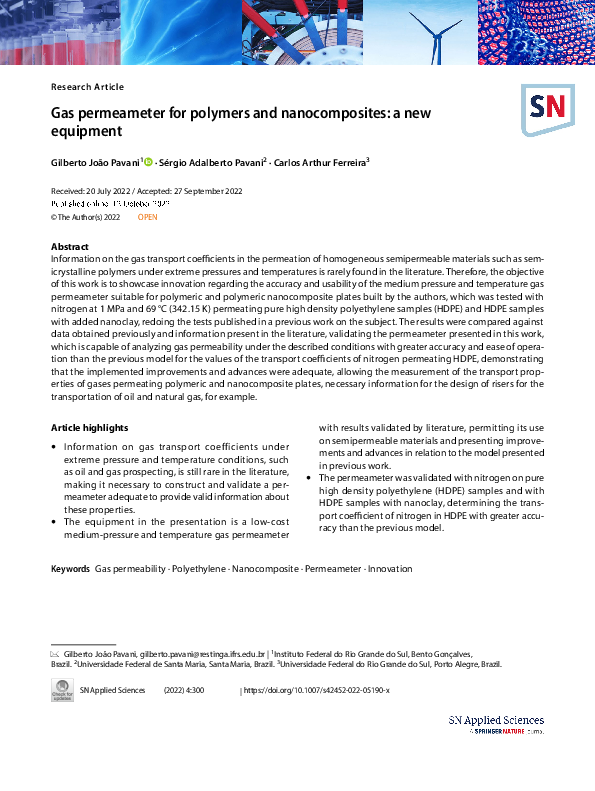 (PDF) Gas permeameter for polymers and nanocomposites: a new equipment