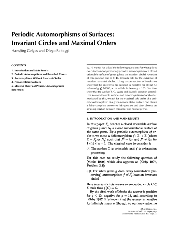 (PDF) Periodic Automorphisms of Surfaces: Invariant Circles and Maximal Orders
