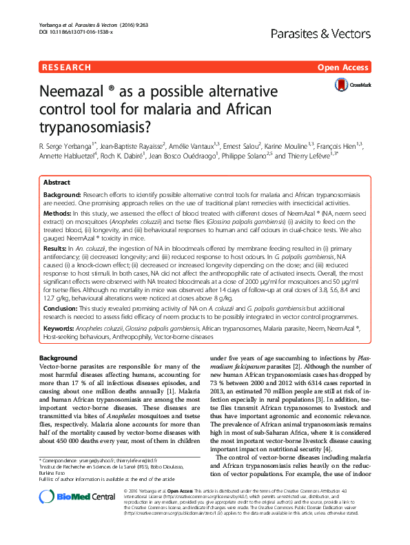 (PDF) Neemazal ® as a possible alternative control tool for malaria and ...