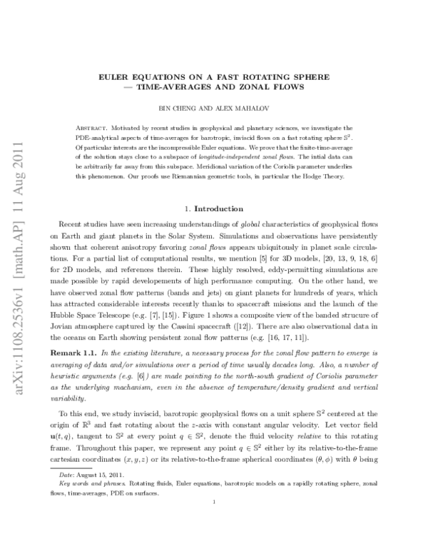 (PDF) Euler equations on a fast rotating sphere --- time-averages and zonal flows