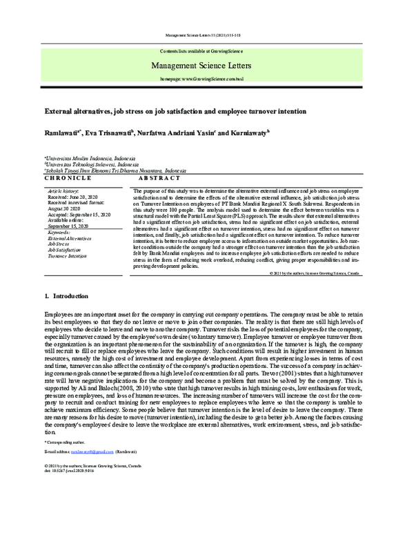 (PDF) External alternatives, job stress on job satisfaction and employee turnover intention