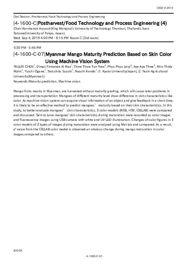 Pdf Myanmar Mango Maturity Prediction Based On Skin Color Using Machine Vision System