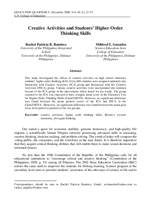 (PDF) Creative Activities and Students’ Higher Order Thinking Skills