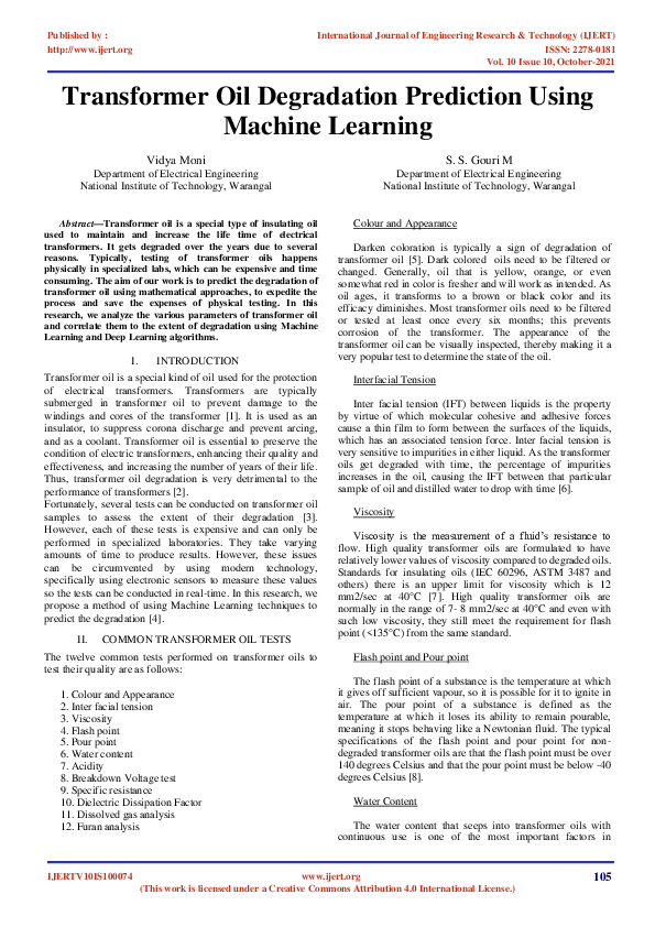 Pdf Transformer Oil Degradation Prediction Using Machine Learning