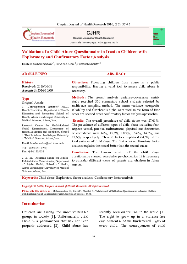 (PDF) Validation of a Child Abuse Questionnaire in Iranian Children ...