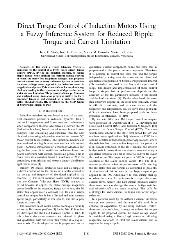 Direct Torque Control Of Induction Motors Using A Fuzzy Inference System For Reduced Ripple