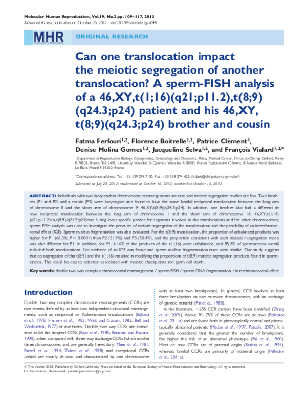 (PDF) Meiotic segregation analysis in spermatozoa of pericentric ...