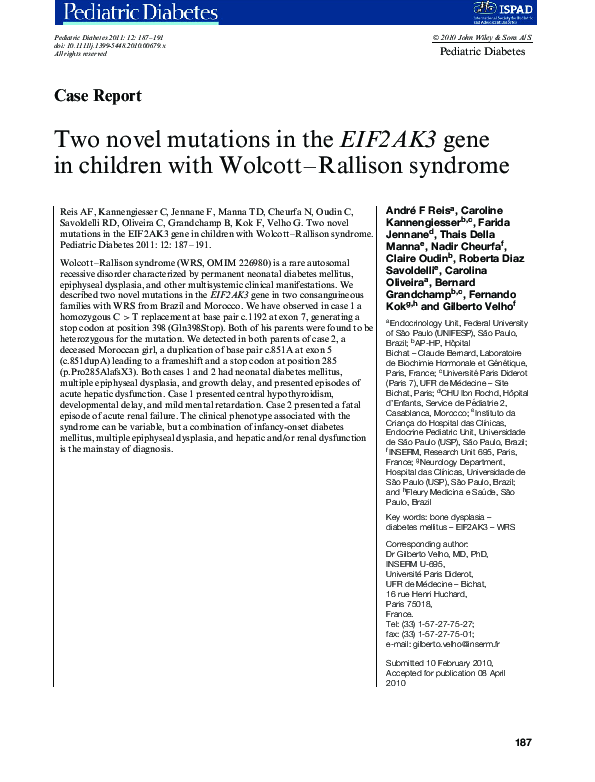 (PDF) Two novel mutations in the EIF2AK3 gene in children with Wolcott ...