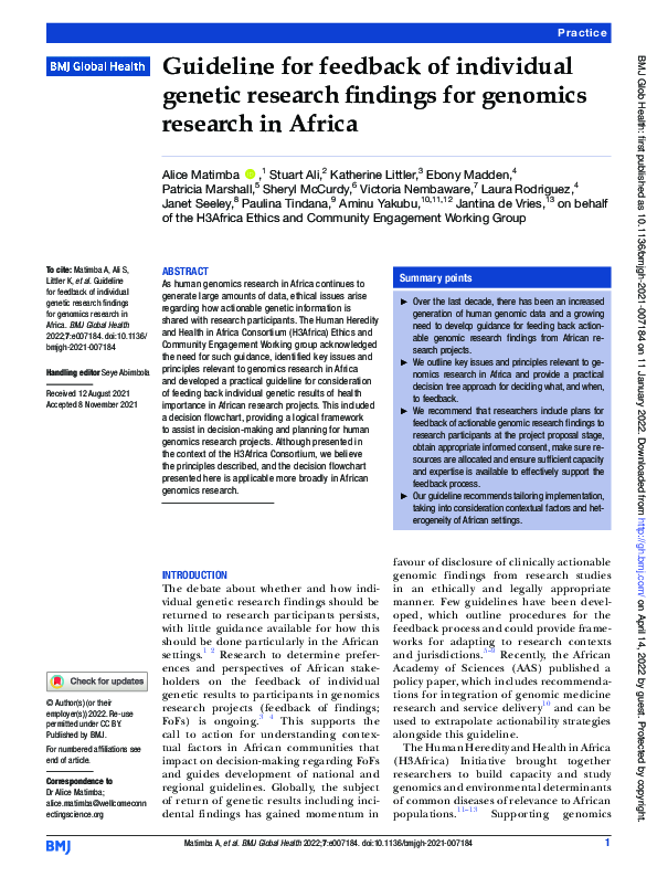 (PDF) Guideline for feedback of individual genetic research findings for genomics research in ...