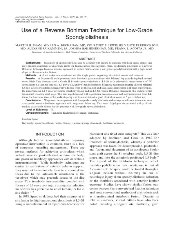 (PDF) Use of a Reverse Bohlman Technique for Low-Grade Spondylolisthesis