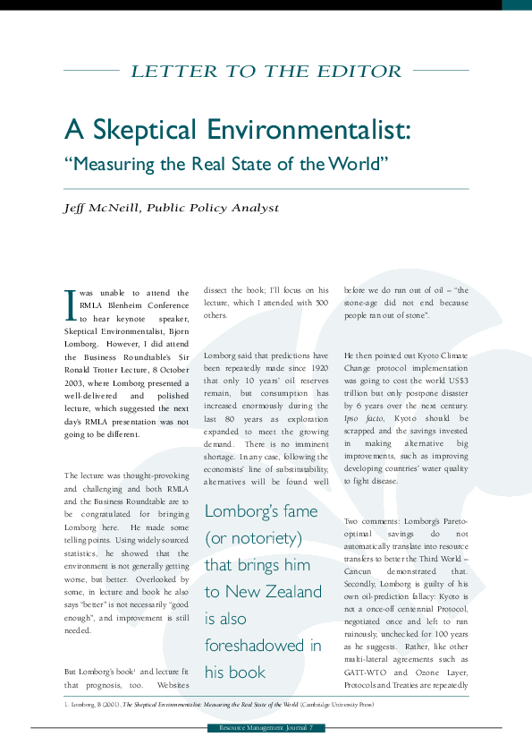 (PDF) The Skeptical Environmentalist: Measuring the Real State of the World