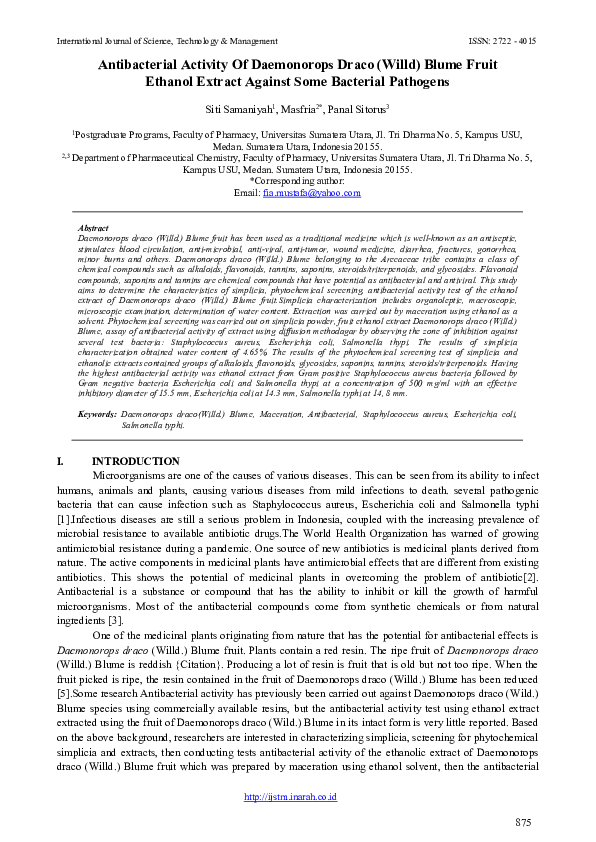(PDF) Antibacterial Activity of Ethanol Extract and Fraction of Daemonorops draco (Willd.) Blume ...