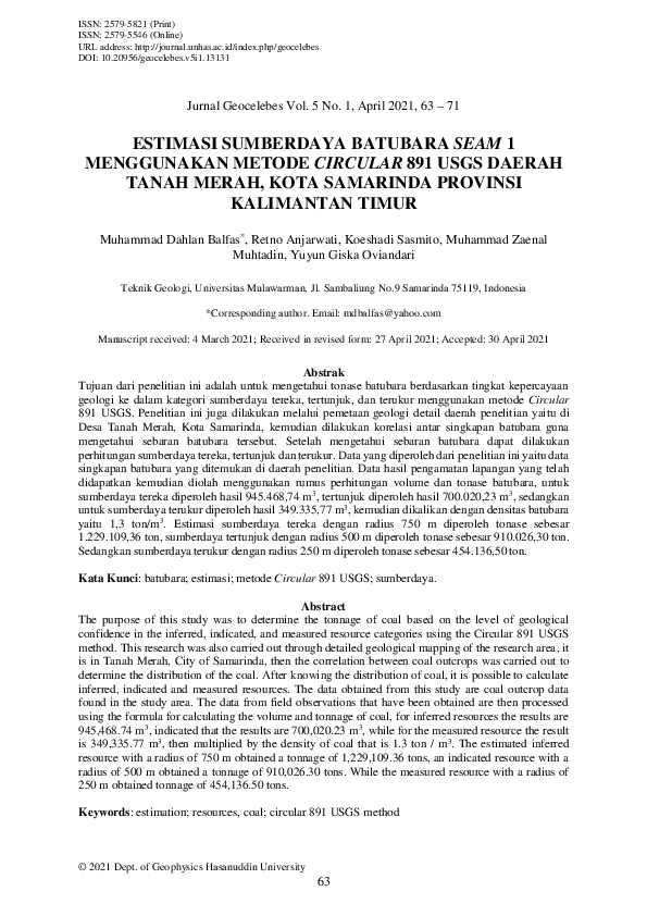(PDF) Estimasi Sumberdaya Batubara Seam 1 Menggunakan Metode Circular ...