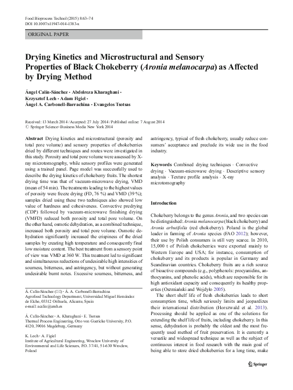 (PDF) Drying Kinetics and Microstructural and SensoryProperties of Black Chokeberry (Aronia ...