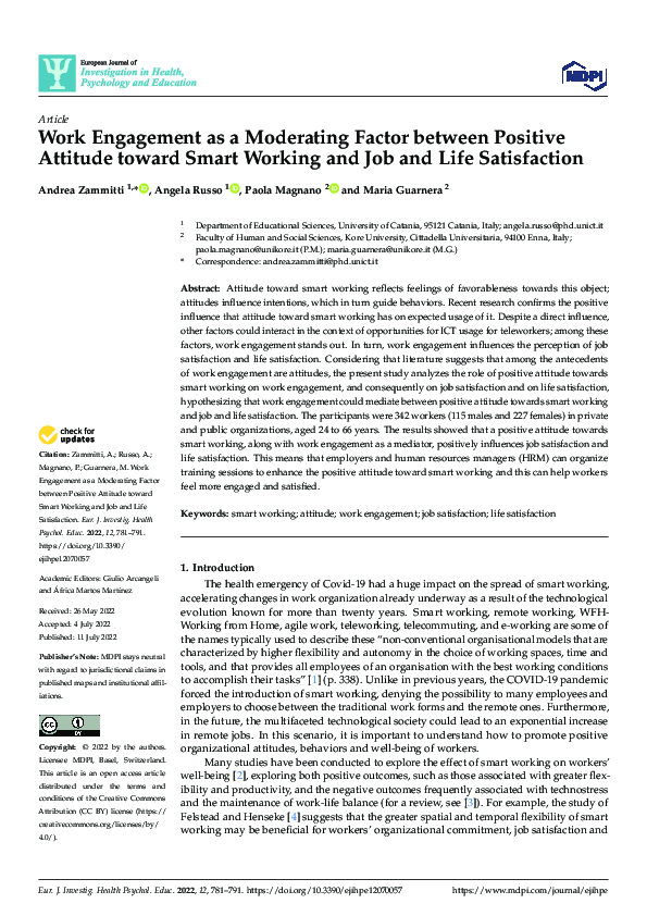 (PDF) Work Engagement as a Moderating Factor between Positive Attitude toward Smart Working and ...