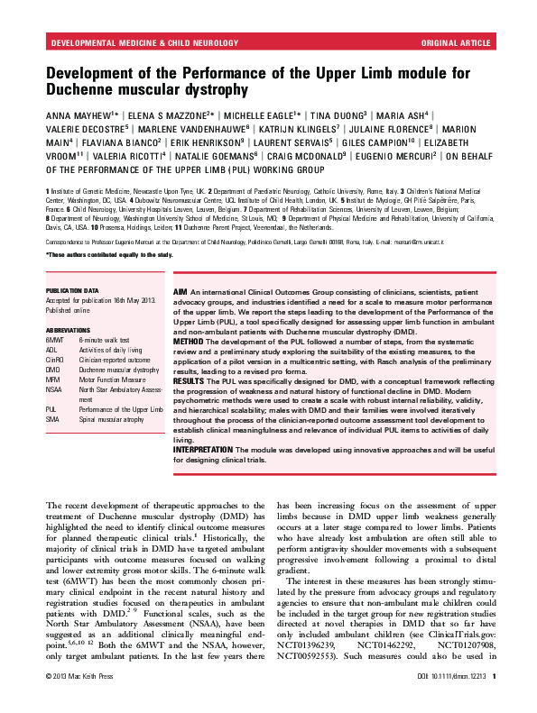 (PDF) Development of the Performance of the Upper Limb module for Duchenne muscular dystrophy ...