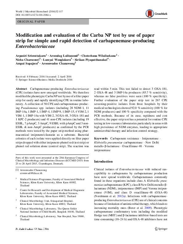 (PDF) Modification and evaluation of the Carba NP test by use of paper ...