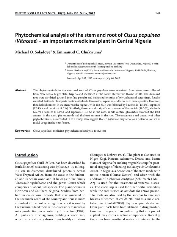 (PDF) Phytochemical analysis of the stem and root of Cissus populnea (Vitaceae)- an important ...