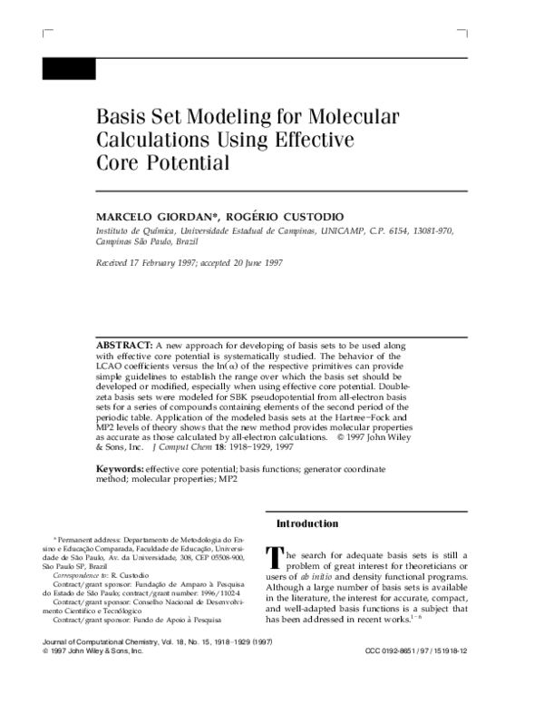 Pdf Basis Set Modeling For Molecular Calculations Using Effective Core Potential
