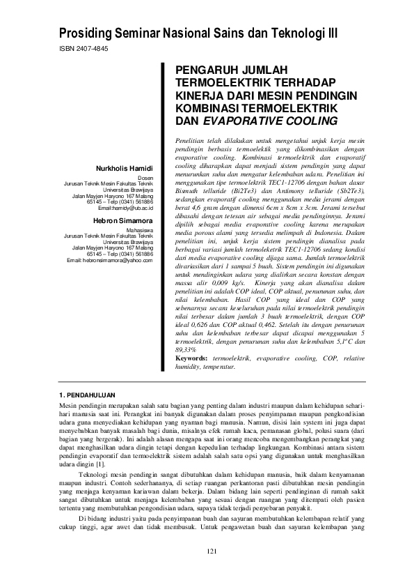 (PDF) Pengaruh Jumlah Termoelektrik Terhadap Kinerja Dari Mesin Pendingin Kombinasi ...