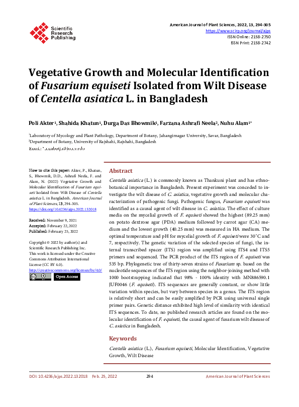 (PDF) Vegetative Growth and Molecular Identification of Fusarium ...