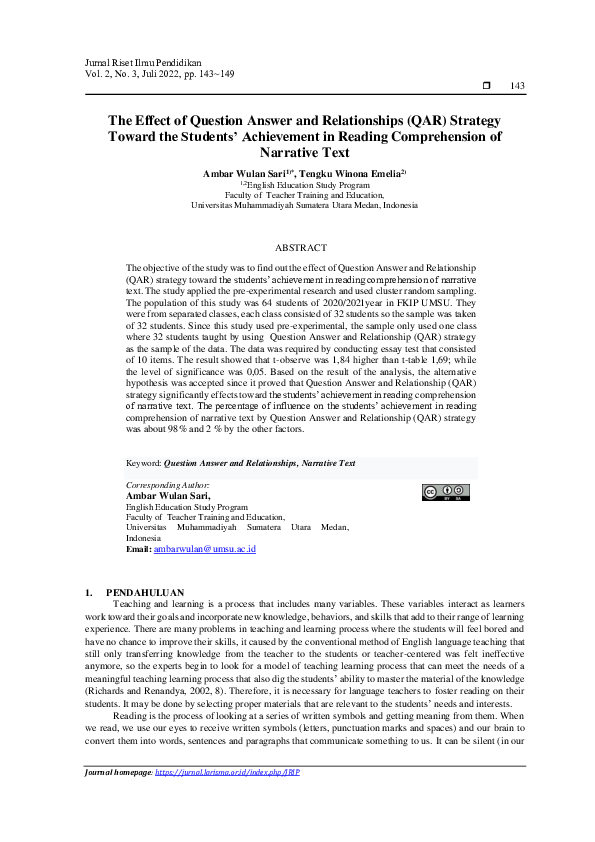(PDF) The Effect of Question Answer and Relationships (QAR) Strategy ...