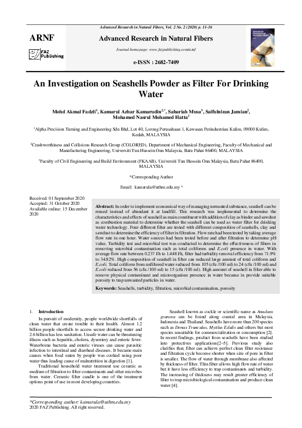 (PDF) An Investigation on Seashells Powder as Filter For Drinking Water