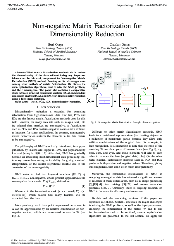 (PDF) Non-negative Matrix Factorization for Dimensionality Reduction