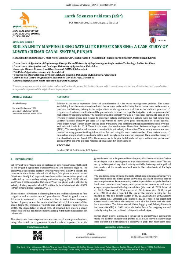 (PDF) Soil Salinity Mapping Using Satellite Remote Sensing: A Case Study of Lower Chenab Canal ...