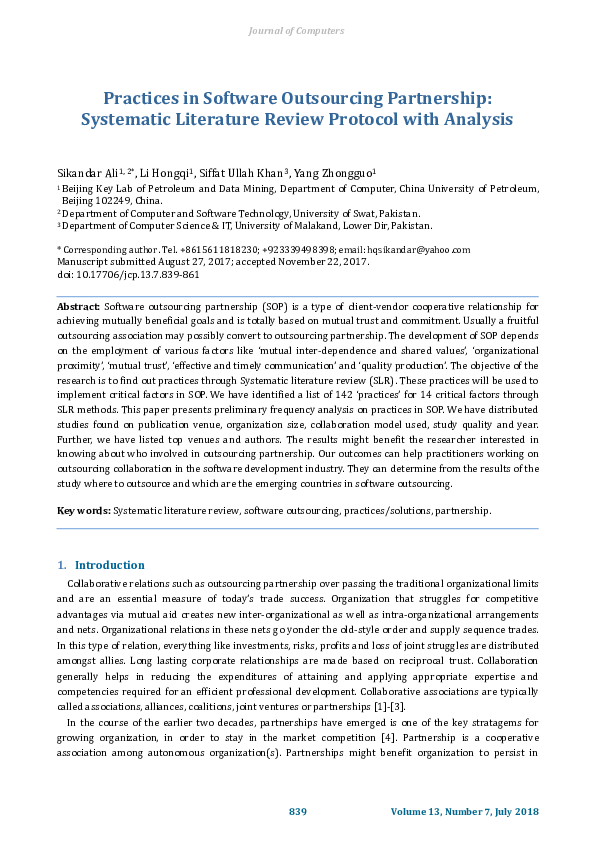 (PDF) Practices in Software Outsourcing Partnership: Systematic Literature Review Protocol with ...
