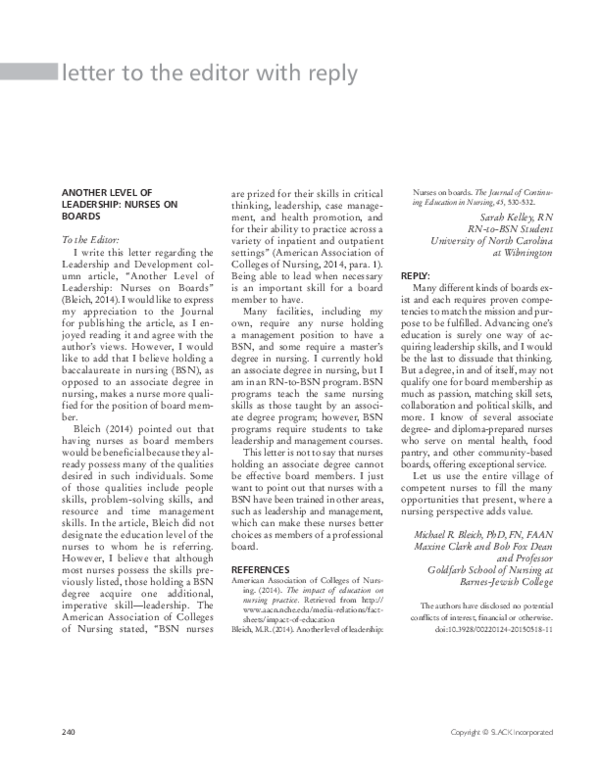 (PDF) Another Level of Leadership: Nurses on Boards | Michael Bleich ...